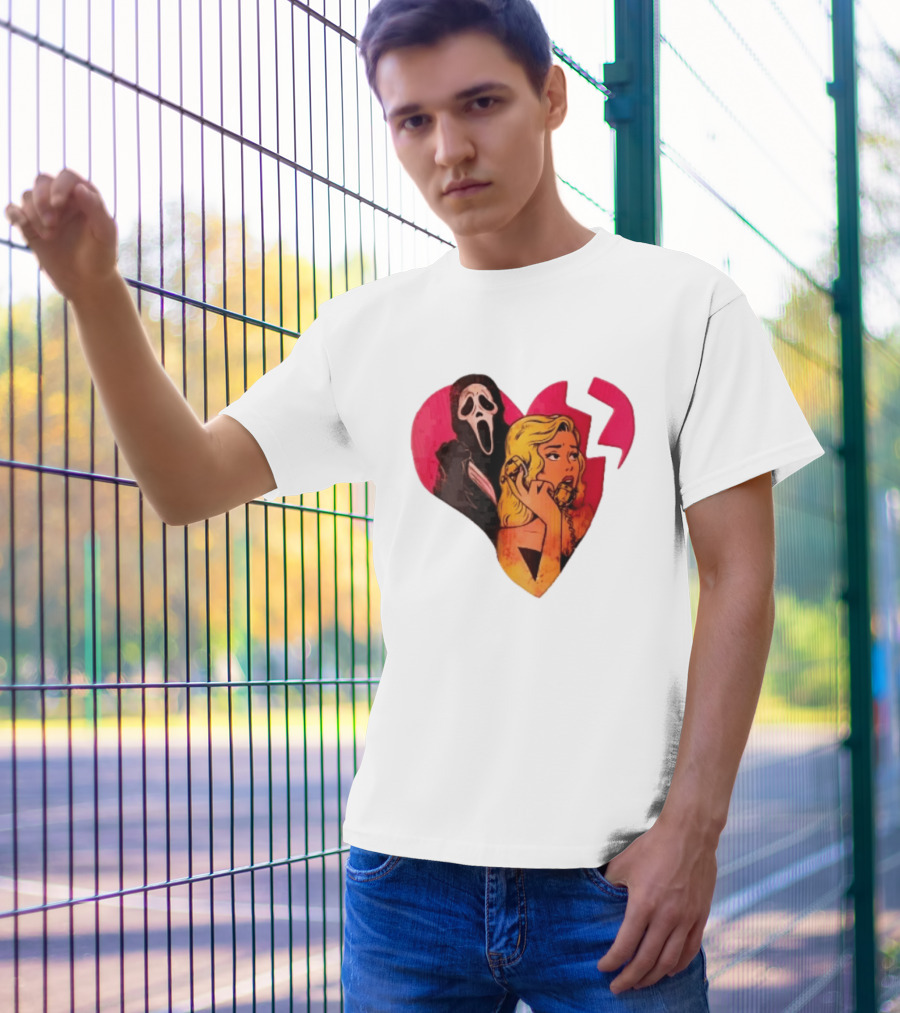 Cartoon Blonde Woman Ghostface Broken Pink Heart Knife Phone T-Shirt