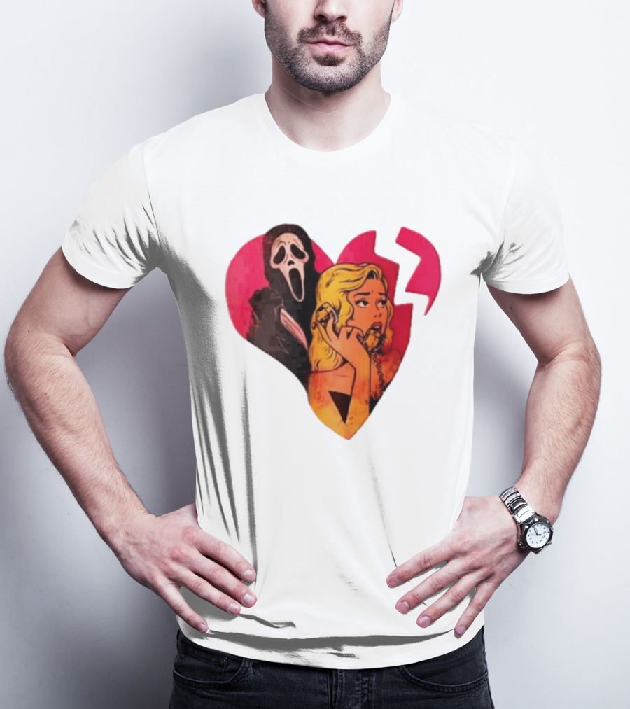 Cartoon Blonde Woman Ghostface Broken Pink Heart Knife Phone T-Shirt