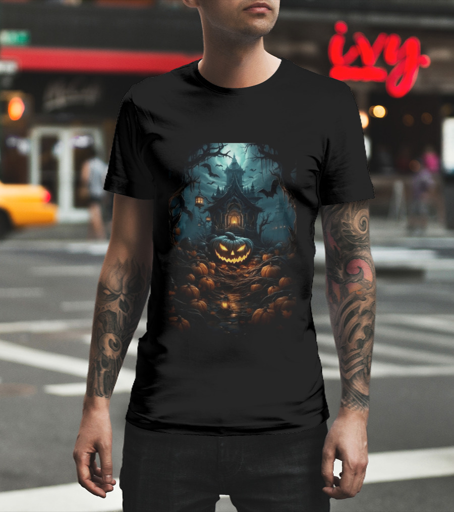 Haunted House Pumpkin Season Halloween Spooky Night Scene With Jack O' Lanterns And Bats T-Shirt