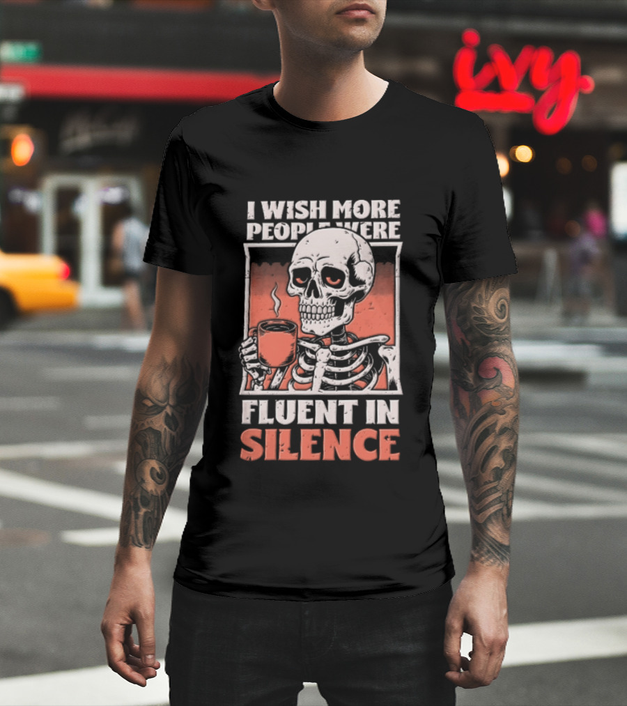 Fluent In Silence Skeleton Holding Coffee Distressed T-Shirt