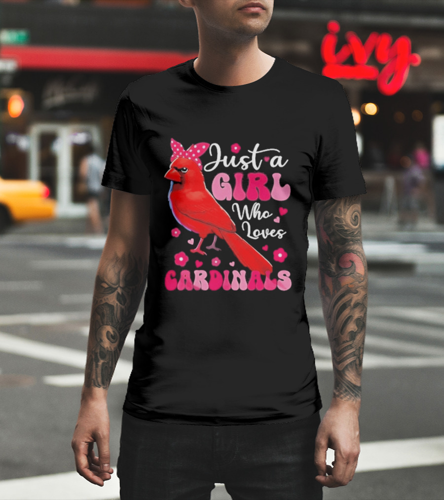 Just A Girl Who Loves Cardinals Cardinal Bird Cute Bow Pink Flowers Hearts T-Shirt