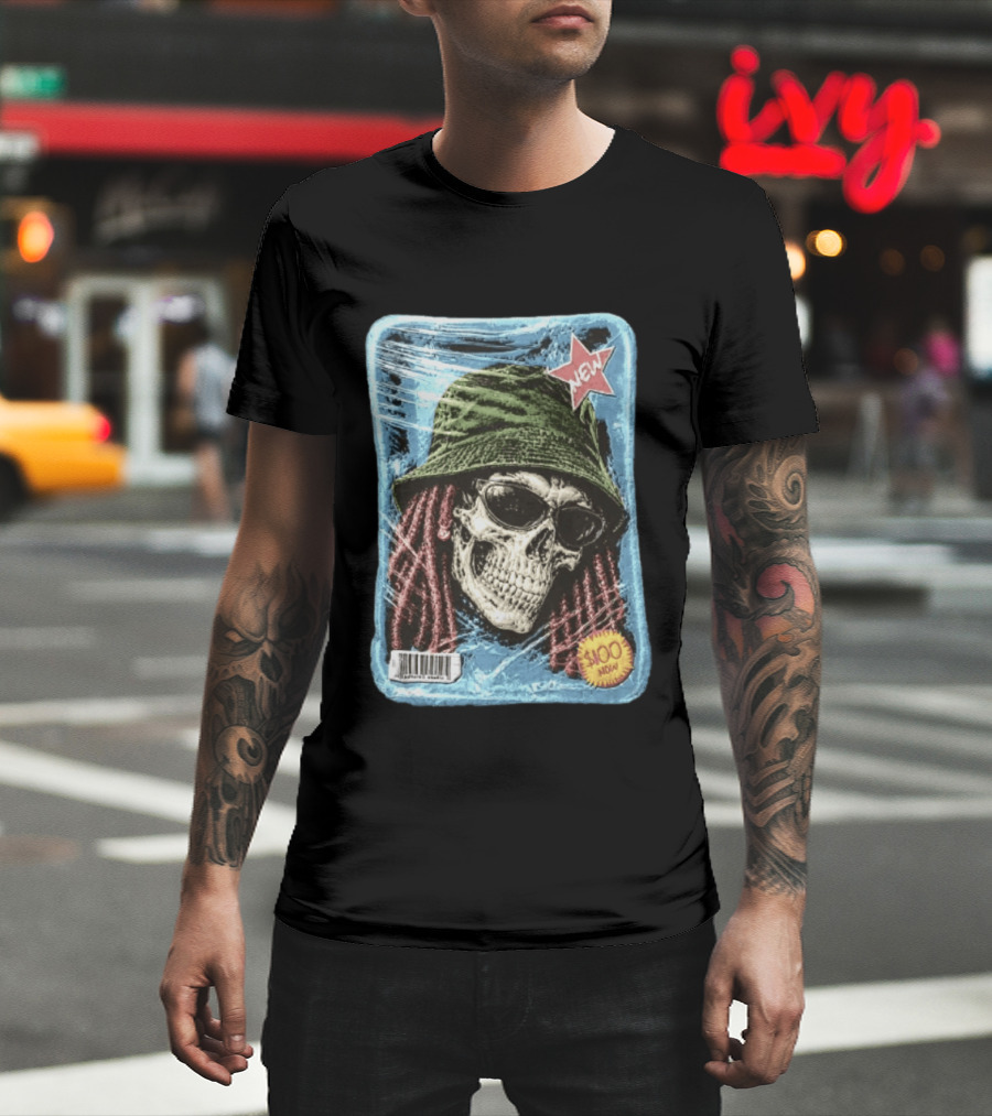 Skull With Dreadlocks Wearing Green Bucket Hat Sunglasses New Star Label T-Shirt