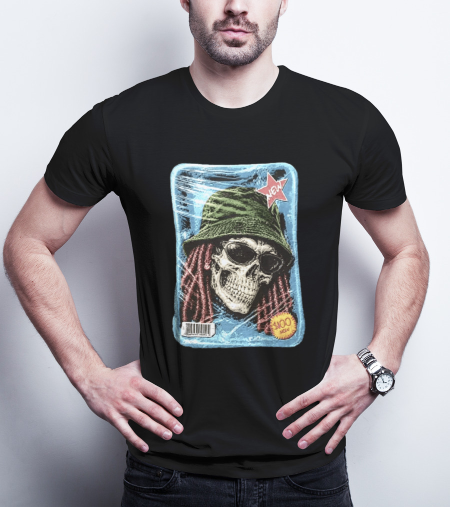 Skull With Dreadlocks Wearing Green Bucket Hat Sunglasses New Star Label T-Shirt