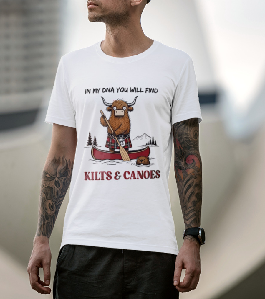 In My DNA You Will Find Kilts And Canoes Cartoon Highland Cow Paddling T-Shirt