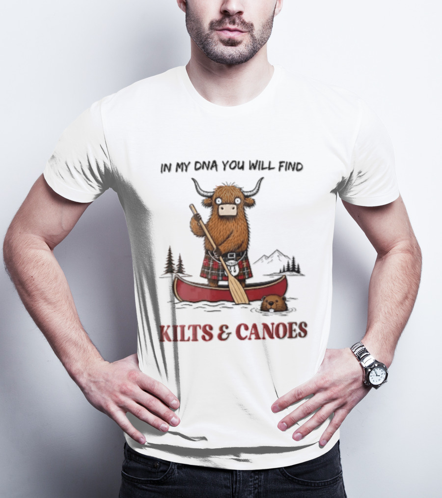 In My DNA You Will Find Kilts And Canoes Cartoon Highland Cow Paddling T-Shirt