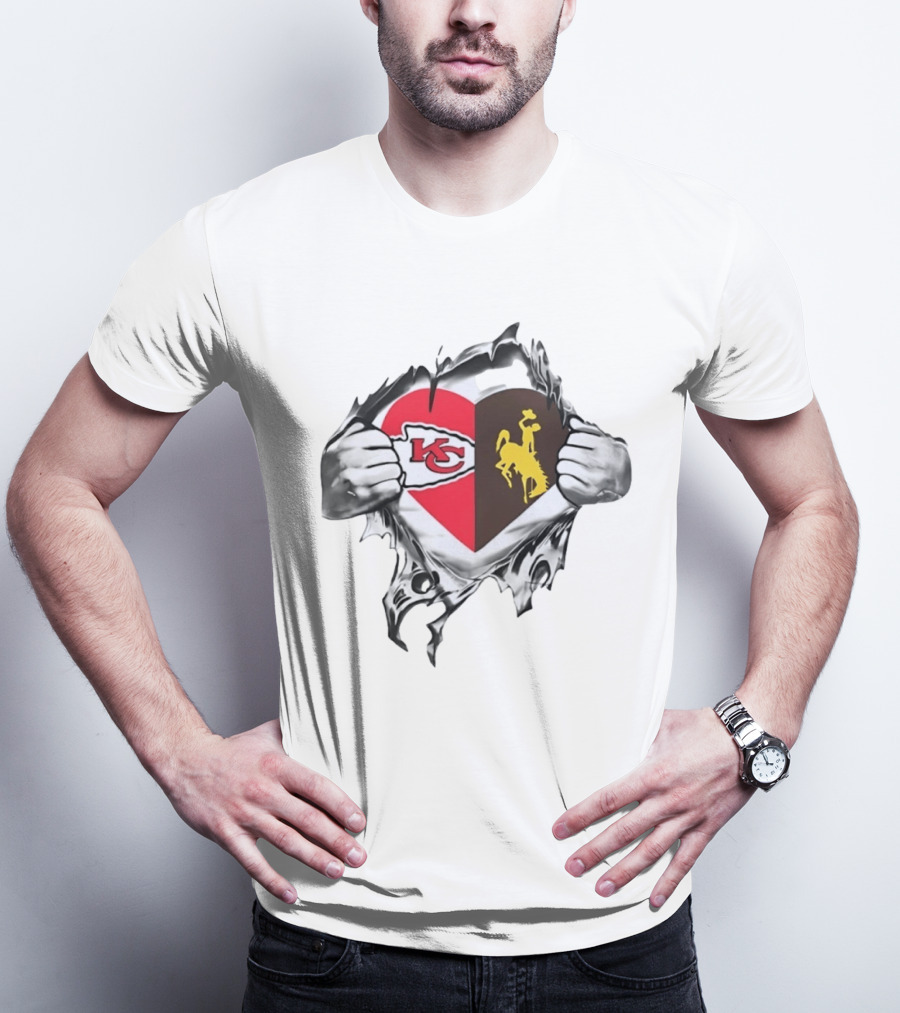 Kansas City Chiefs Wyoming Cowboys Heart Fan Pride Combination T-Shirt