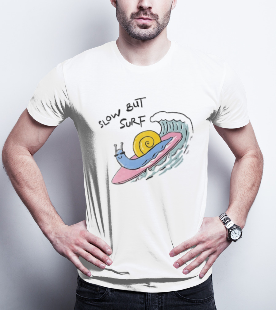 Slow But Surf Cartoon Blue Snail Riding Pink Surfboard Wave T-Shirt
