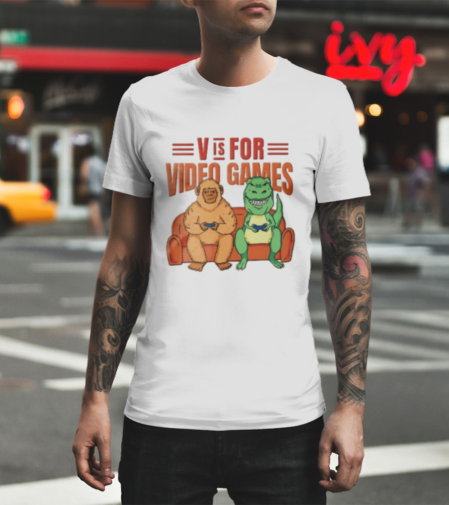 V Is For Video Games Sasquatch Dinosaur Couch Controllers Cartoon T-Shirt
