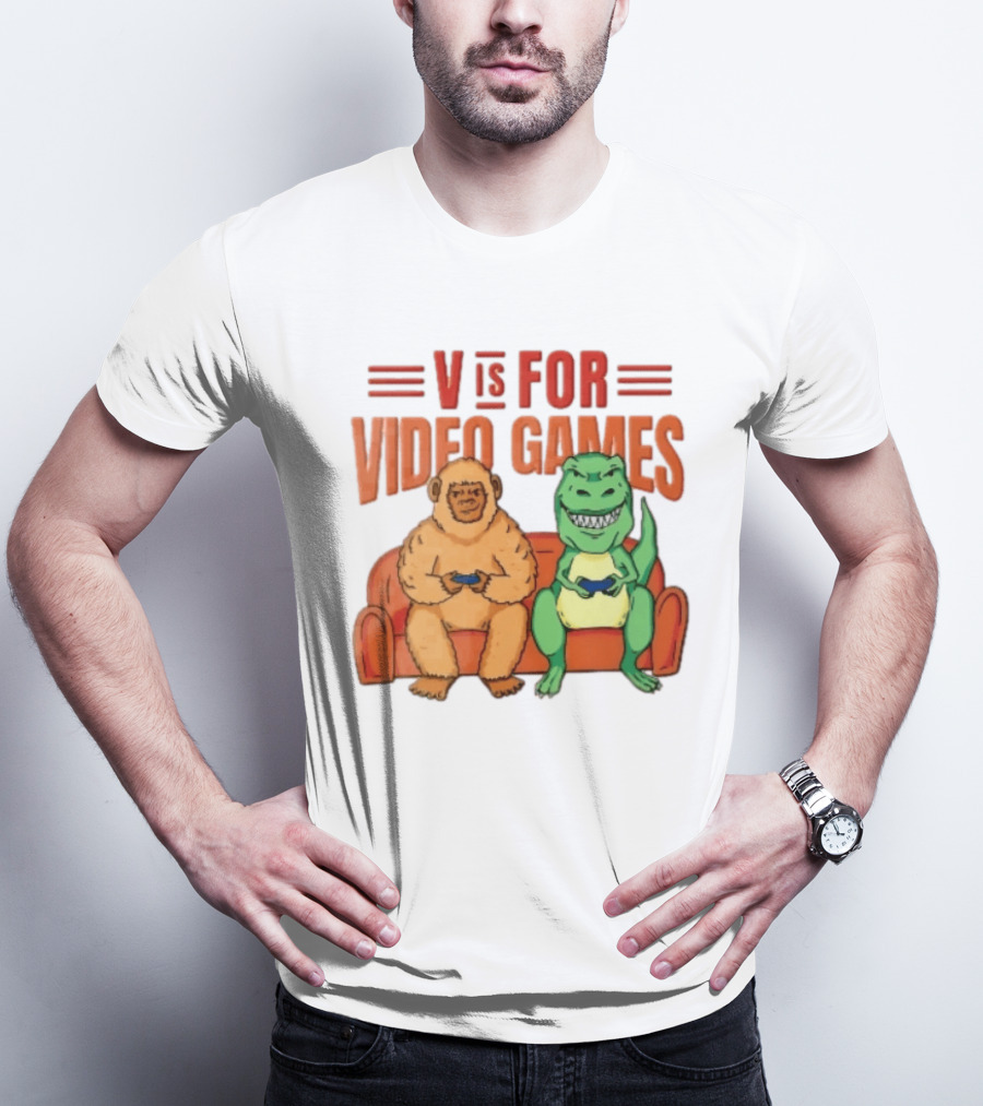 V Is For Video Games Sasquatch Dinosaur Couch Controllers Cartoon T-Shirt
