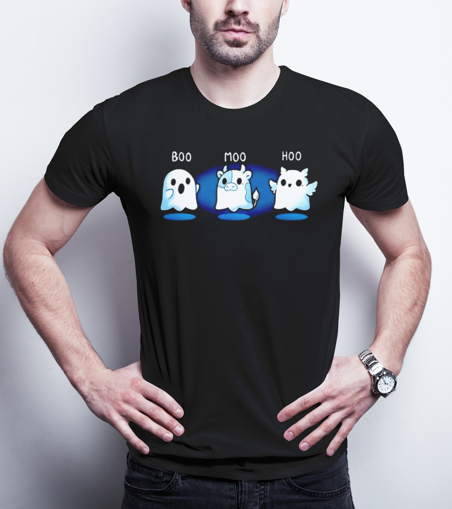 Boo Moo Hoo Halloween Ghost Cow And Owl Fun T-Shirt
