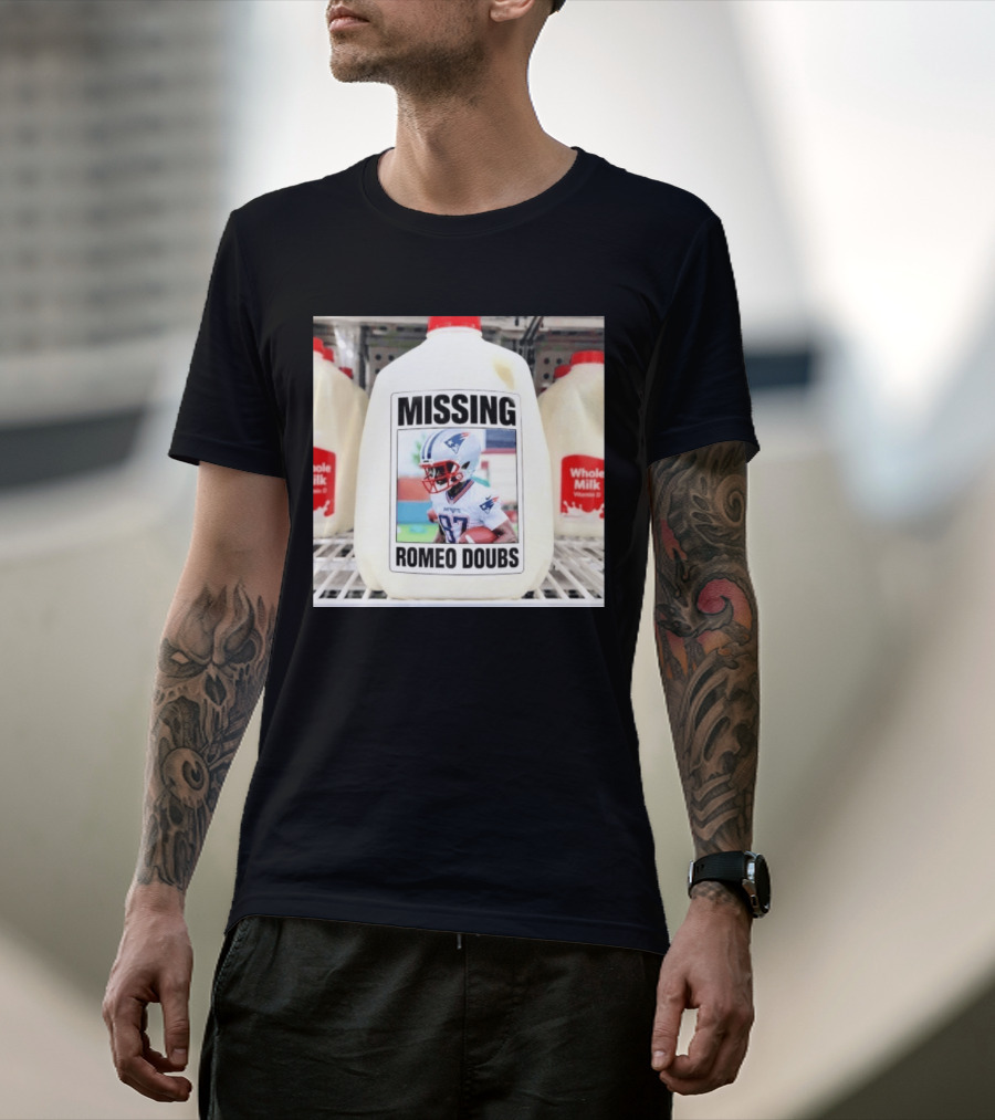 Missing Romeo Doubs Football Milk Carton With Patriots Helmet Image T-Shirt