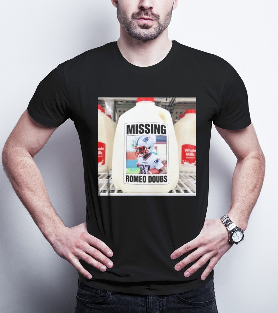 Missing Romeo Doubs Football Milk Carton With Patriots Helmet Image T-Shirt