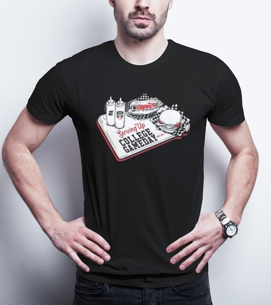 Espn Serving Up College Gameday Since 1987 Food Tray Hot Dog Burger Sketch T-Shirt