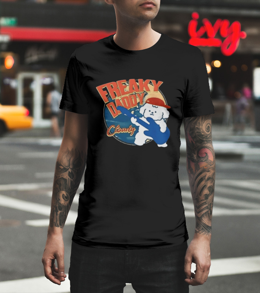 Freaky Daddy Cloudy Cartoon Dog Red Cap Playing Guitar T-Shirt