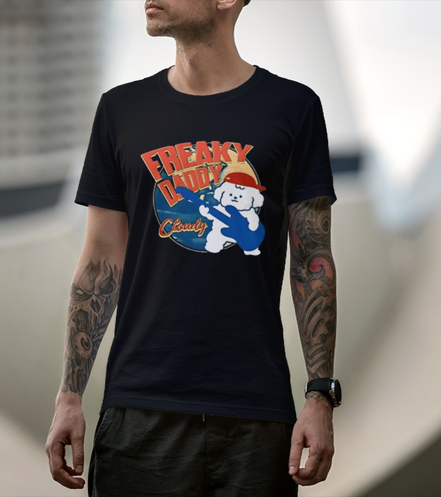 Freaky Daddy Cloudy Cartoon Dog Red Cap Playing Guitar T-Shirt