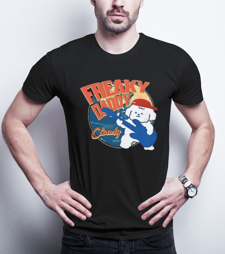 Freaky Daddy Cloudy Cartoon Dog Red Cap Playing Guitar T-Shirt