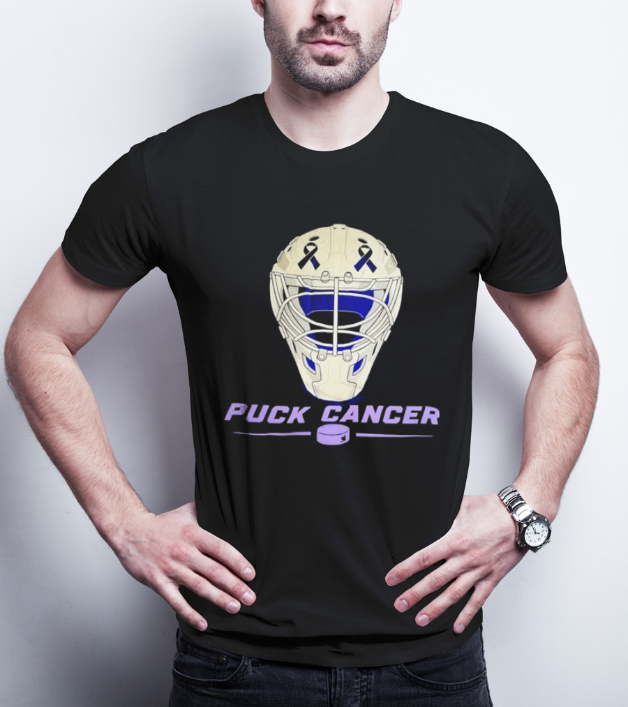 Puck Cancer Hockey Goalie Mask Awareness Purple Ribbon T-Shirt