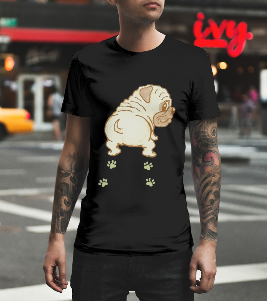 Pug Looking Back With Paw Prints Dog Cute Canine T-Shirt