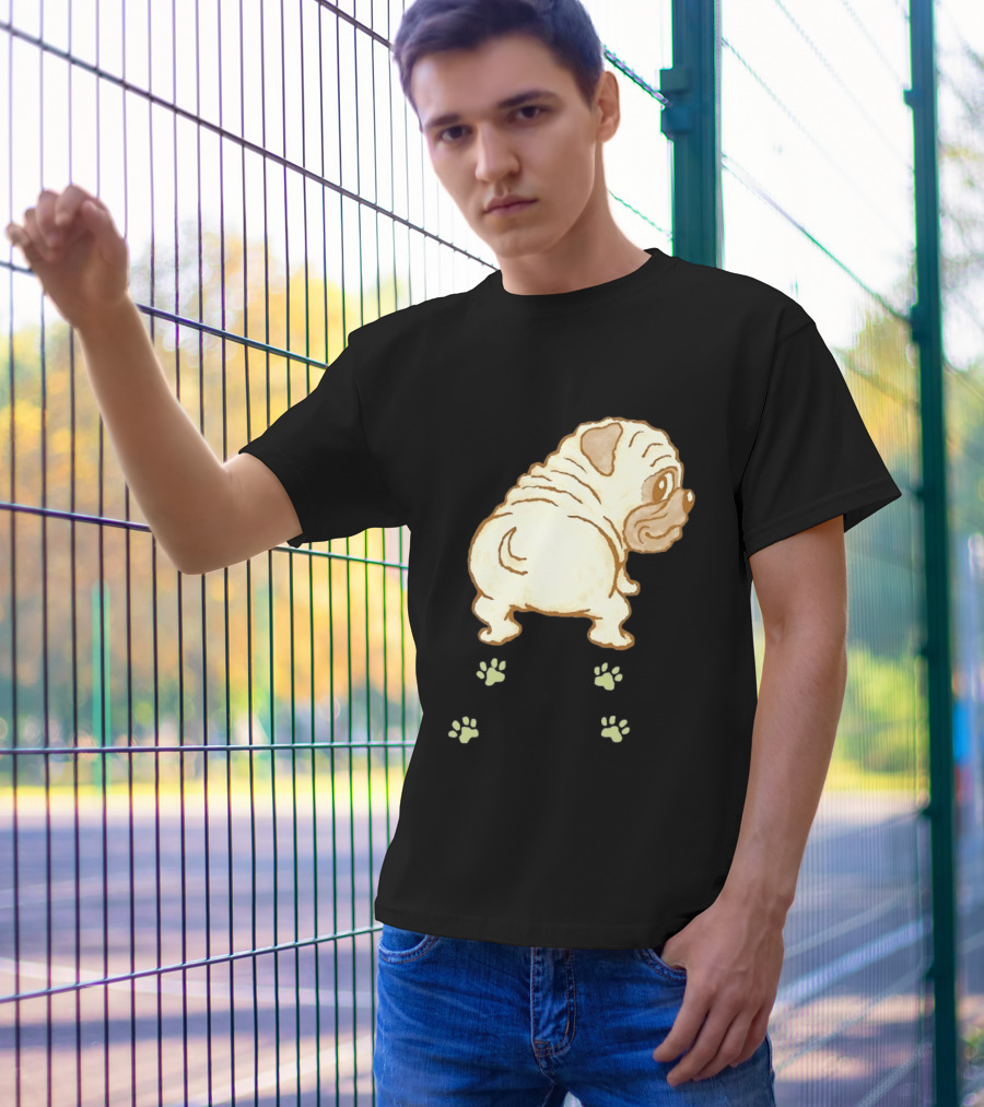 Pug Looking Back With Paw Prints Dog Cute Canine T-Shirt