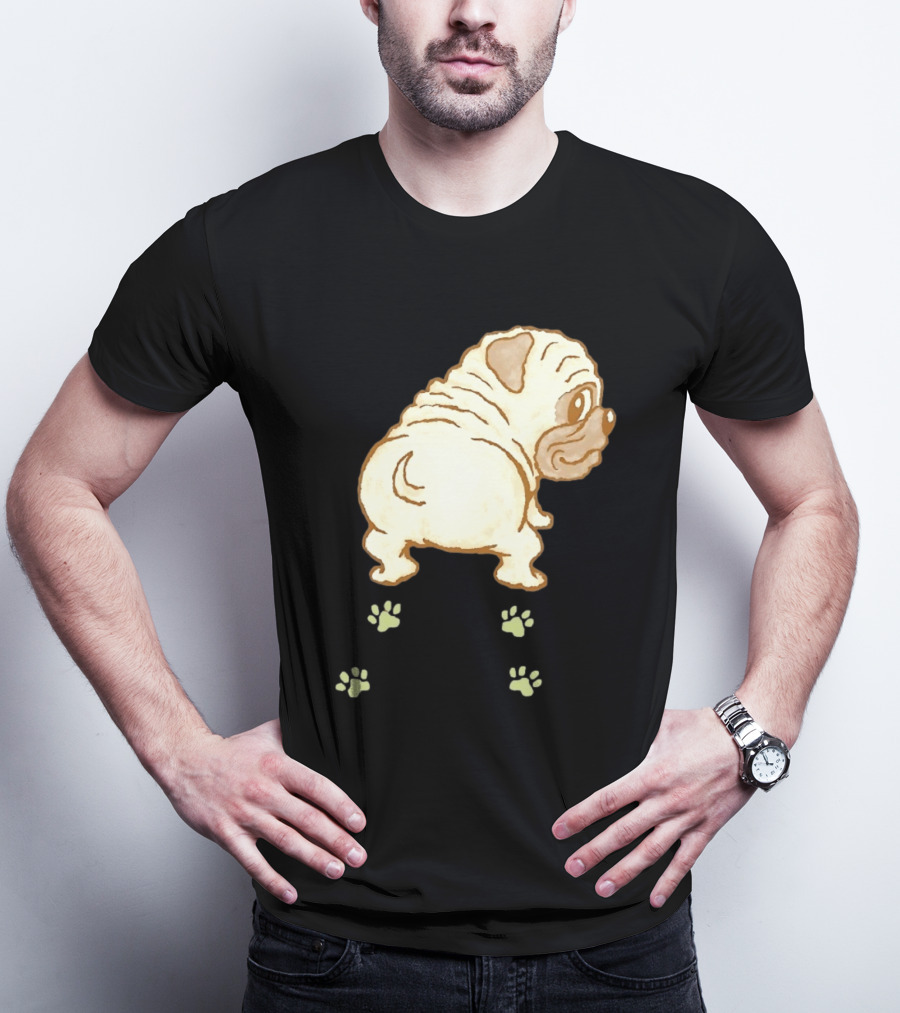 Pug Looking Back With Paw Prints Dog Cute Canine T-Shirt