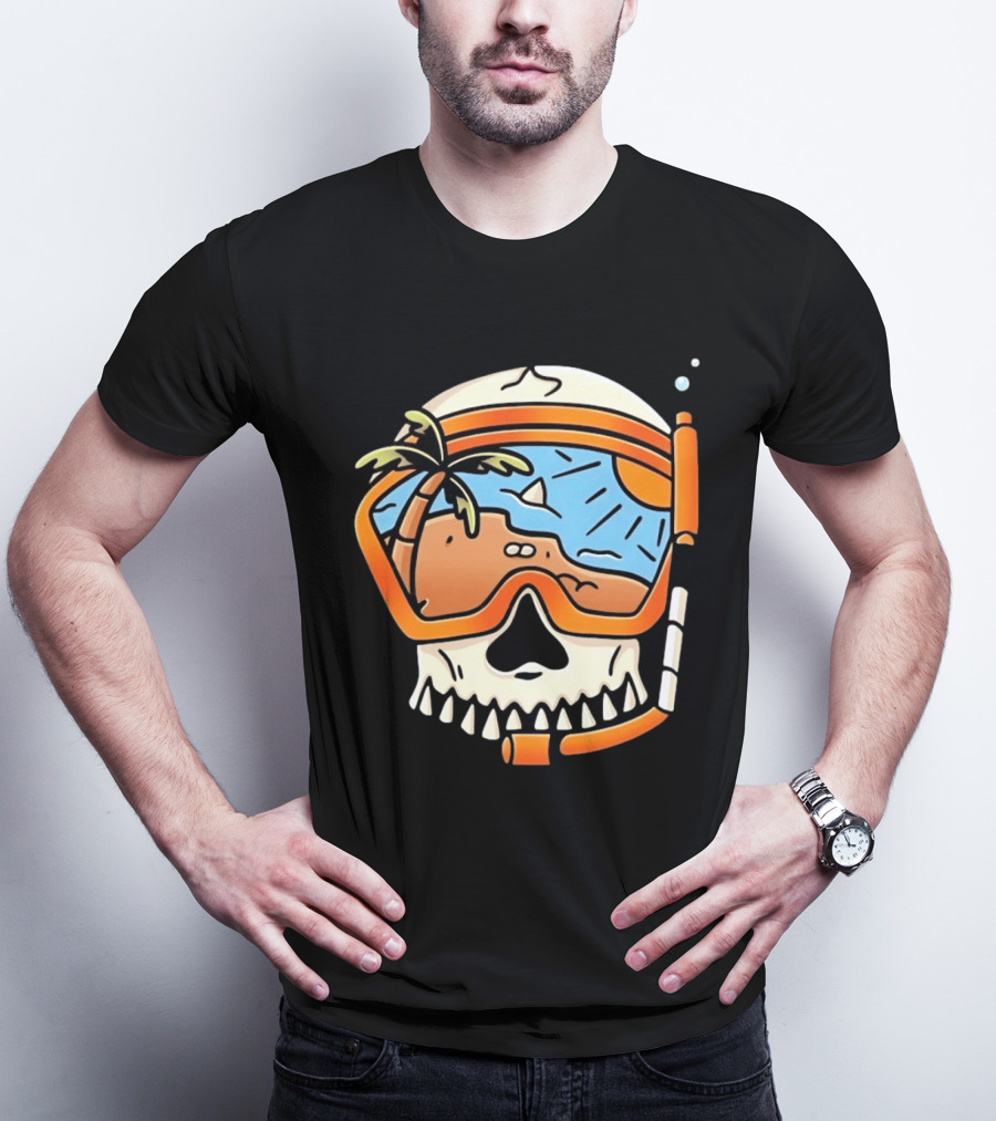 Skull Wearing Snorkel Mask With Tropical Beach Scene Palm Tree Sun T-Shirt