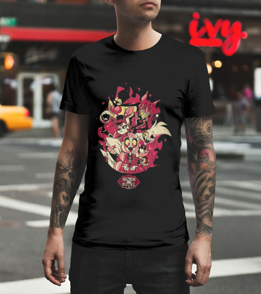 Hazbin Hotel Demon Characters Group Red Sparkles Cartoon Alastor Angel Dust Charlie Vaggie T-Shirt
