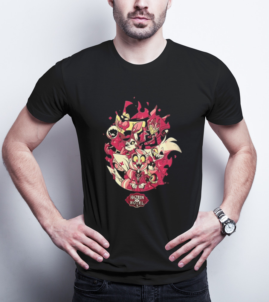Hazbin Hotel Demon Characters Group Red Sparkles Cartoon Alastor Angel Dust Charlie Vaggie T-Shirt