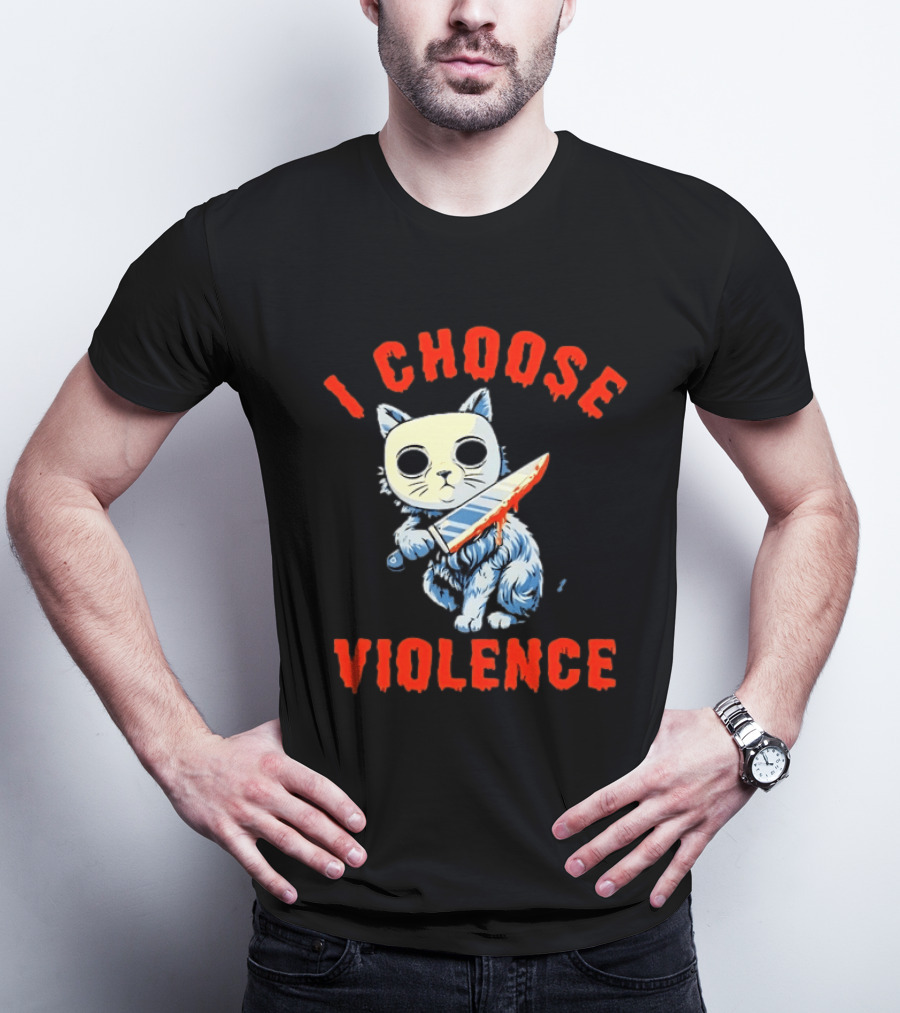 I Choose Violence Cat With Knife Horror Creepy Mask T-Shirt