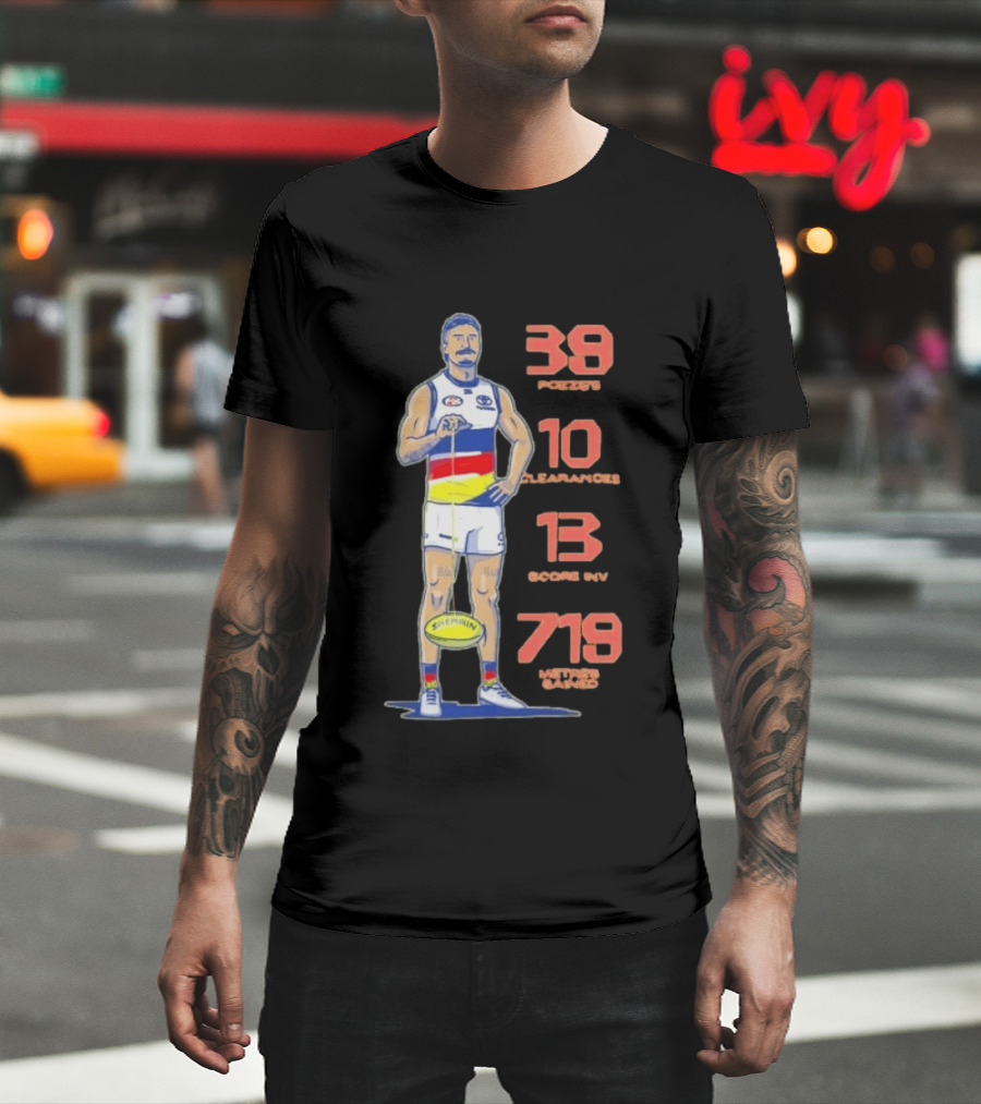 Izak Rankine Adelaide Crows 39 Pozzies 10 Clearances 13 Score Inv 719 Metres Gained AFL Sherrin Rugby Stats T-Shirt