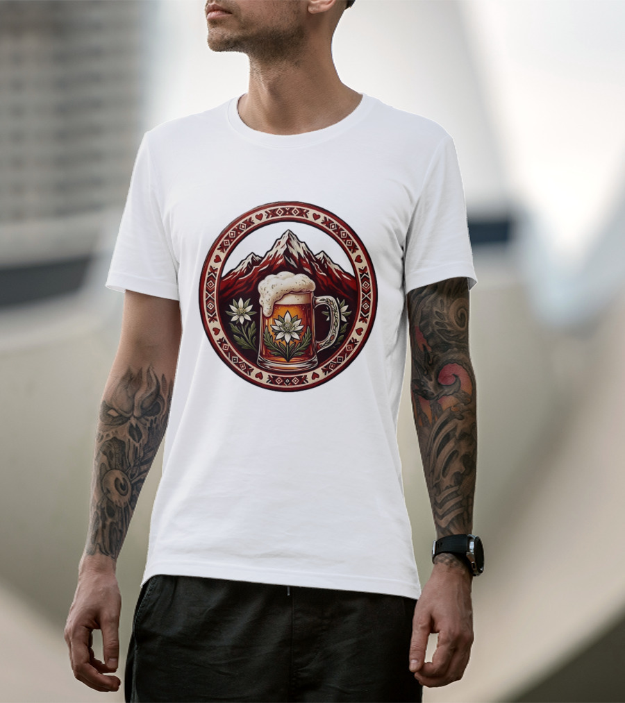 Alpine Beer Edelweiss Mountain Peaks Bavarian Heart Border T-Shirt