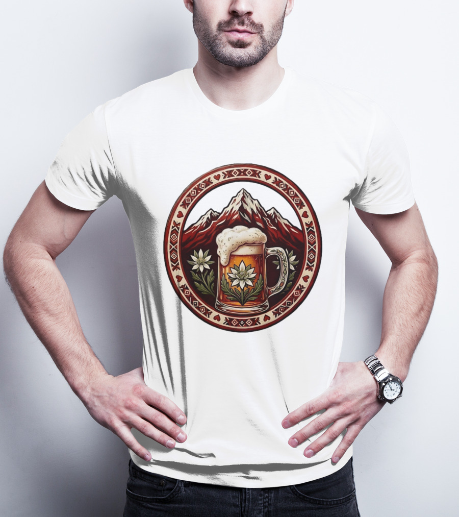 Alpine Beer Edelweiss Mountain Peaks Bavarian Heart Border T-Shirt