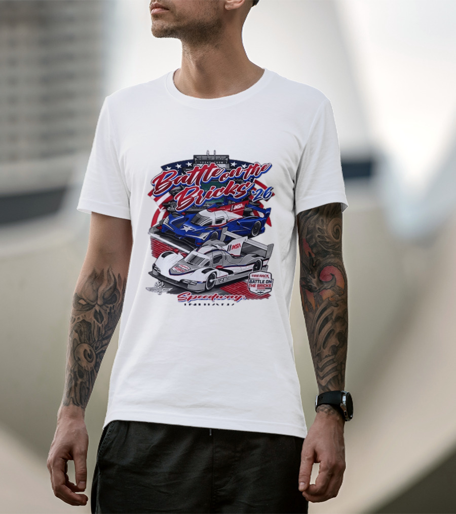 Battle On The Bricks '26 IMSA Indianapolis Motor Speedway Tire Rack Racing Cars T-Shirt