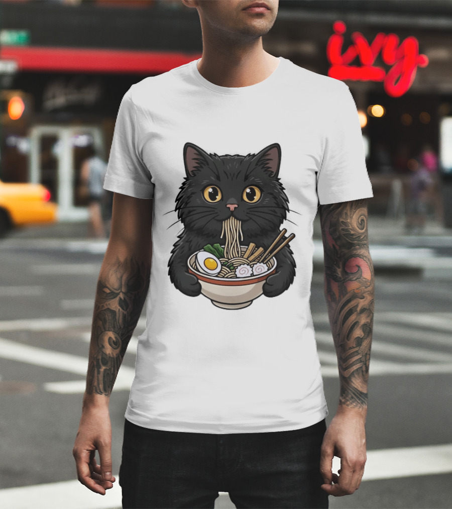 Black Cat Enjoying Ramen Noodles Anime T-Shirt