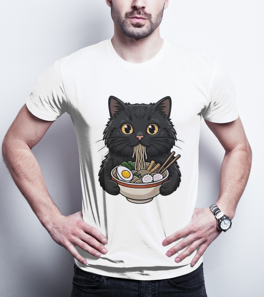 Black Cat Enjoying Ramen Noodles Anime T-Shirt
