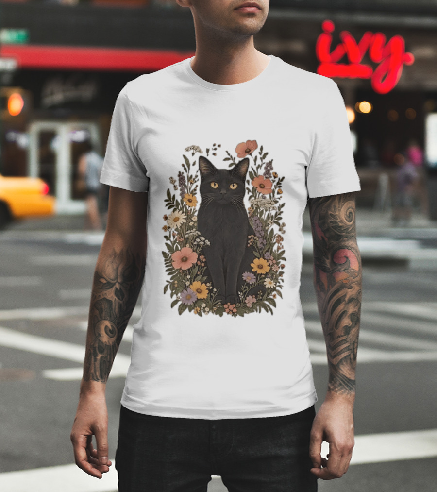 Black Cat In Blooming Garden Of Wildflowers T-Shirt
