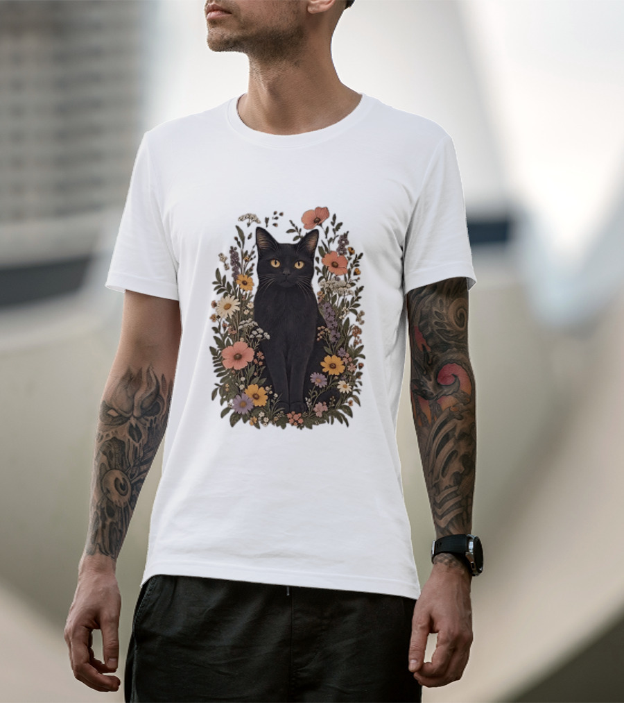 Black Cat In Blooming Garden Of Wildflowers T-Shirt