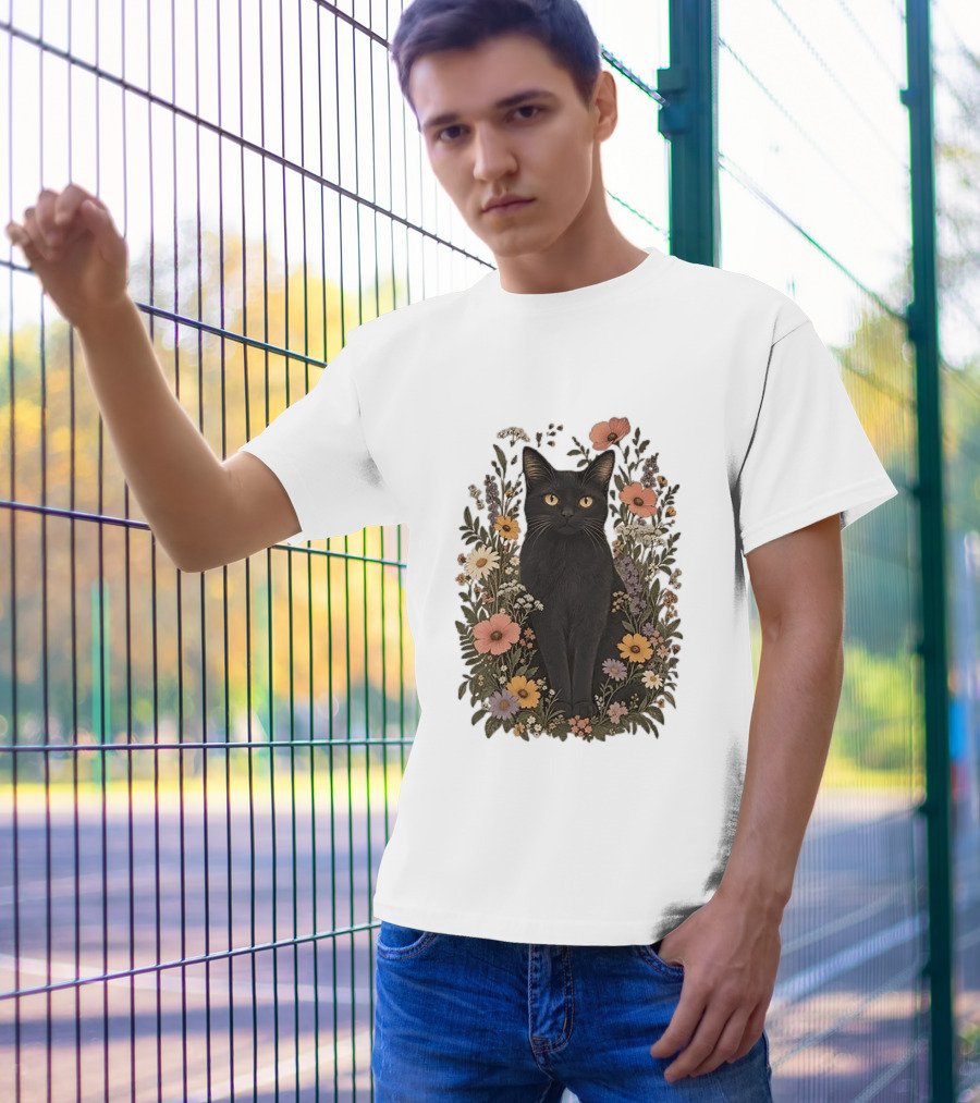 Black Cat In Blooming Garden Of Wildflowers T-Shirt
