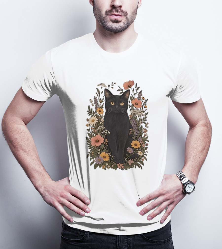 Black Cat In Blooming Garden Of Wildflowers T-Shirt