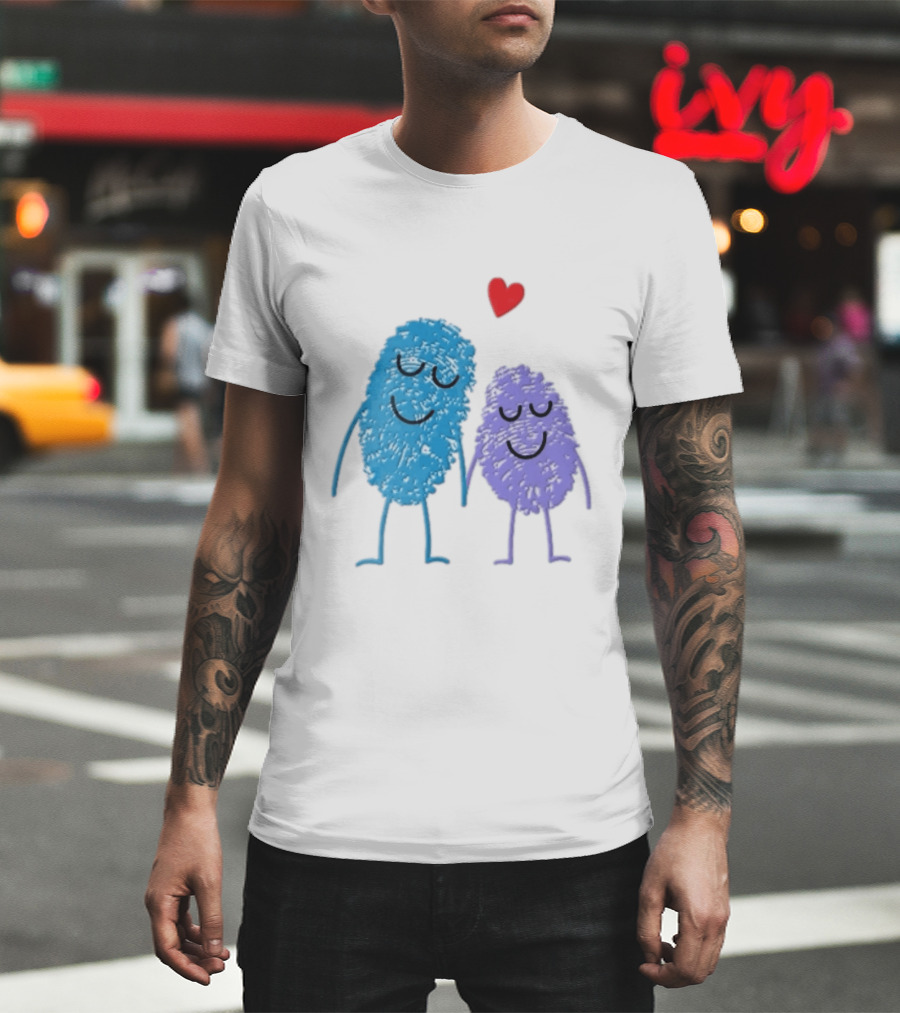Blue Purple Fingerprint Characters Holding Hands Red Heart Cartoon T-Shirt