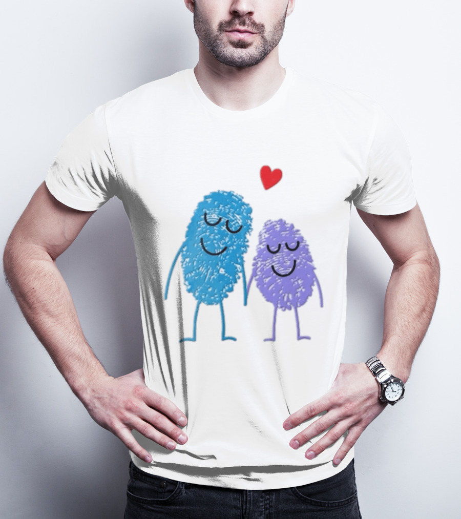 Blue Purple Fingerprint Characters Holding Hands Red Heart Cartoon T-Shirt