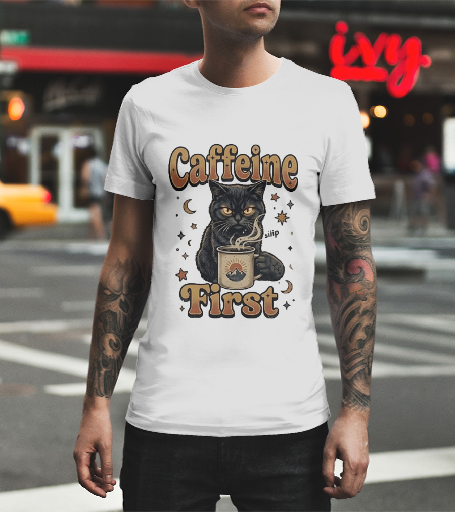 Caffeine First Cat With Coffee Moon Stars T-Shirt