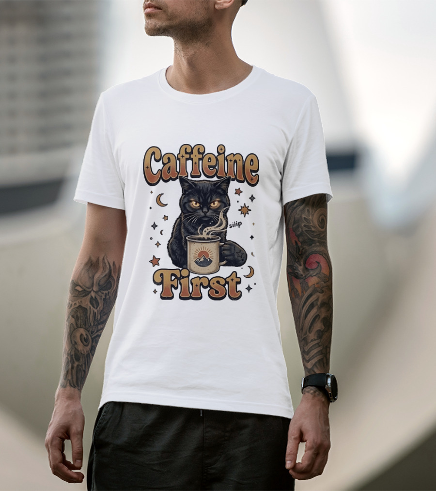 Caffeine First Cat With Coffee Moon Stars T-Shirt