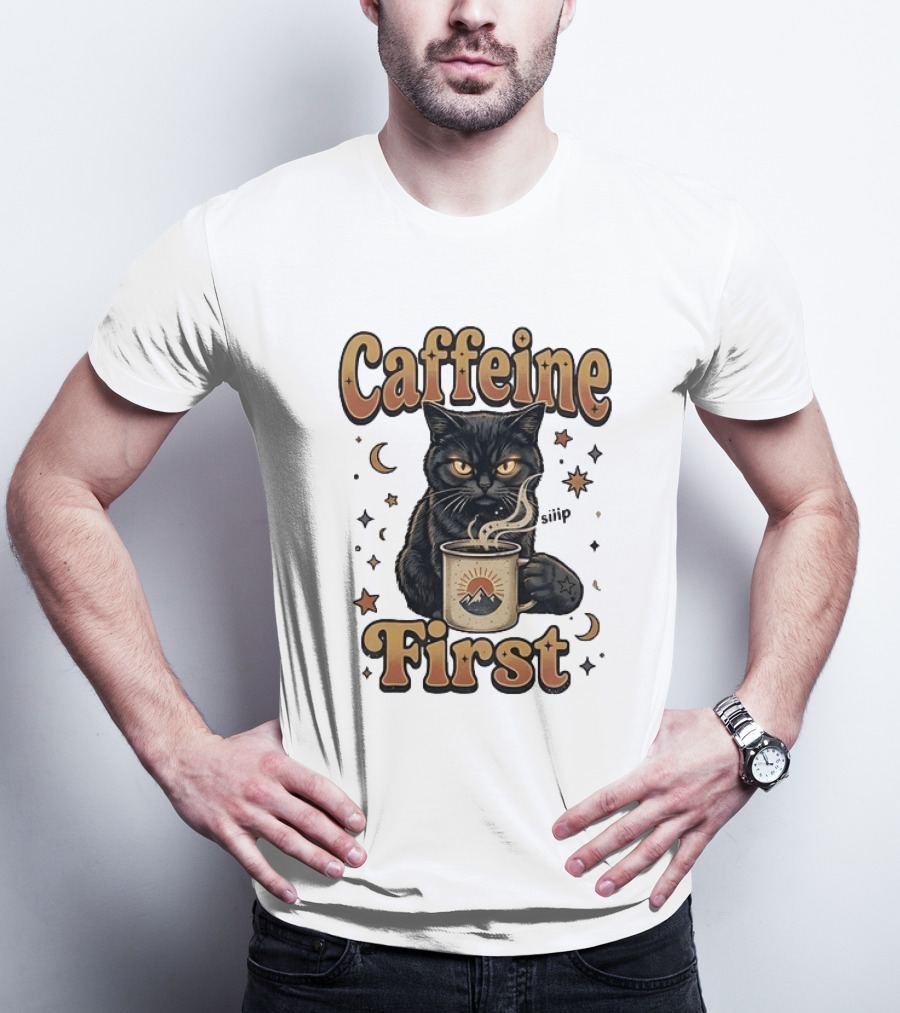 Caffeine First Cat With Coffee Moon Stars T-Shirt