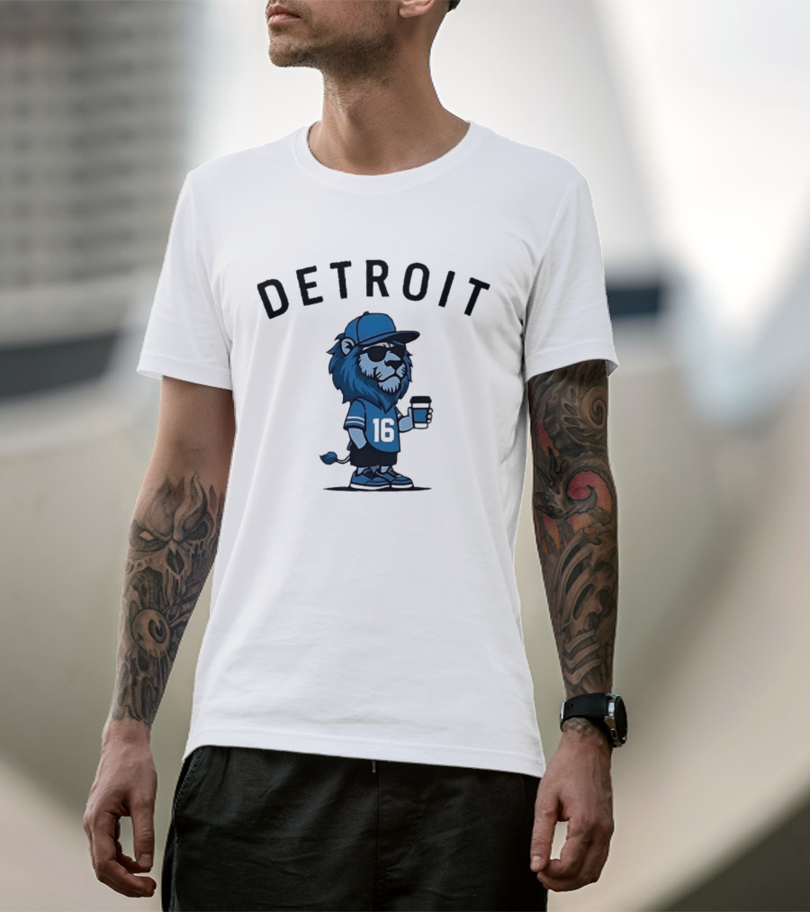 Detroit Lions Lion Mascot Jersey 16 With Coffee T-Shirt