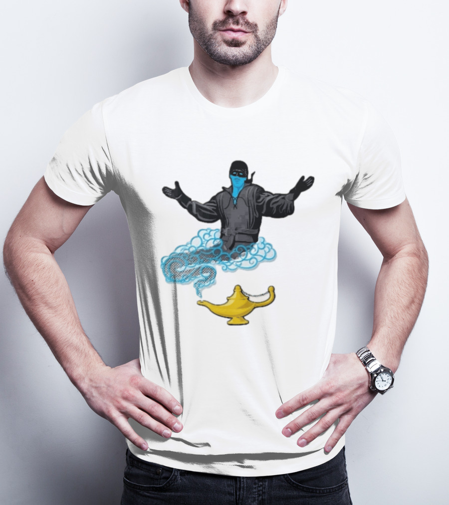 Dread Pirate Roberts Genie Man In Black With Golden Magic Lamp Halftone Cartoon T-Shirt
