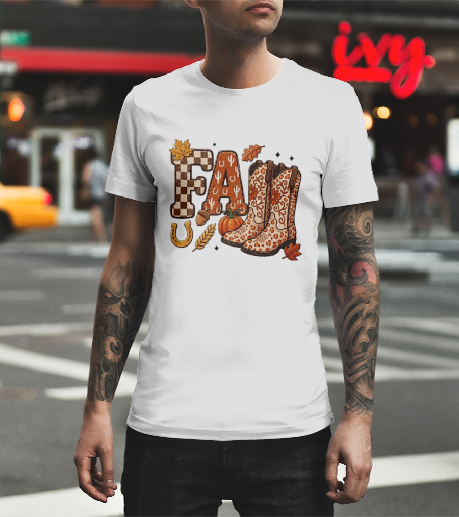 Fall Western Cowboy Boots Pumpkin Horseshoe Wheat Harvest Season T-Shirt