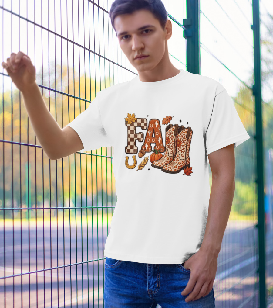 Fall Western Cowboy Boots Pumpkin Horseshoe Wheat Harvest Season T-Shirt