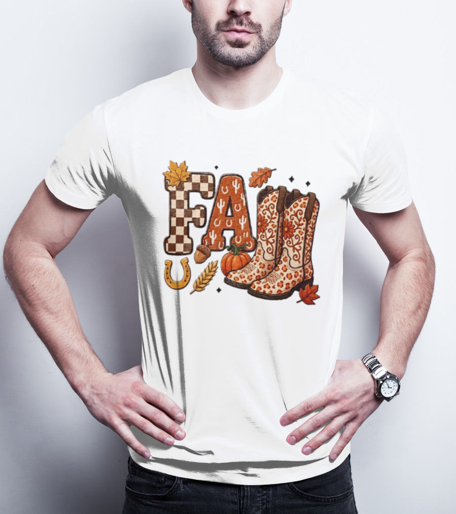 Fall Western Cowboy Boots Pumpkin Horseshoe Wheat Harvest Season T-Shirt