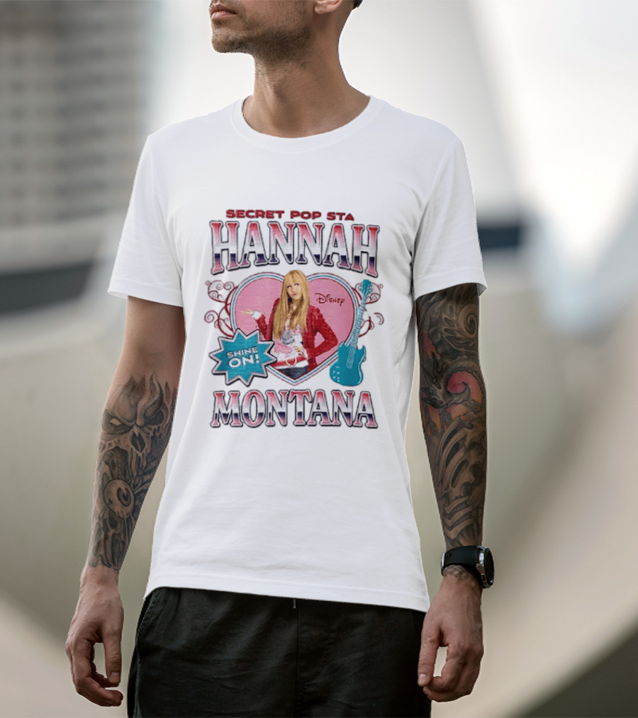 Hannah Montana Secret Pop Star Shine On Disney Heart Electric Guitar T-Shirt