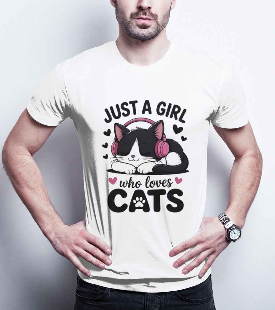 Just A Girl Who Loves Cats Kitten With Headphones T-Shirt